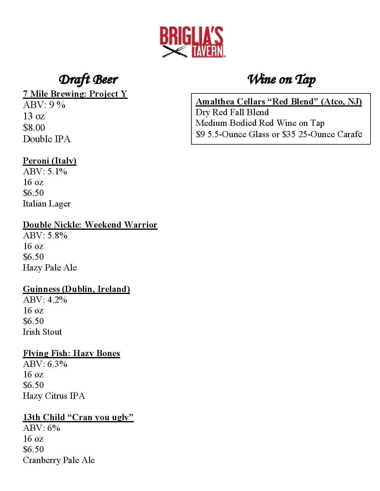 Menu for Briglia's Tavern, Berlin, NJ - Restaurantji
